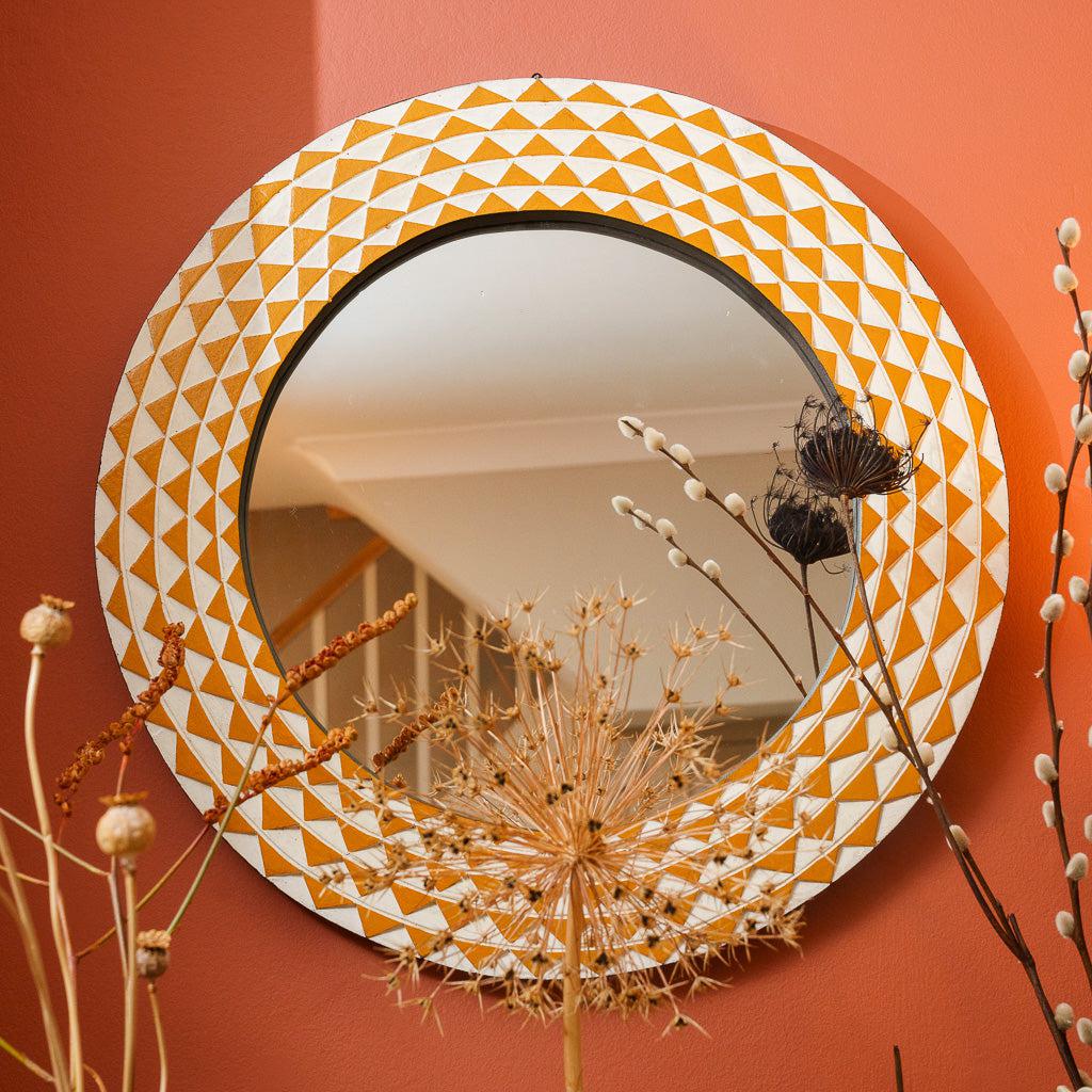 Ghanaian Sun Large Round Mirror 'Mustard & White' – AARVEN